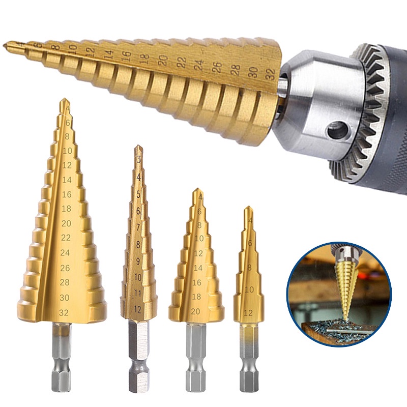 4Pcs HSS Steel Titanium Step Drill Bit Set 3-12/ 4-12/20/32mm Multi ...
