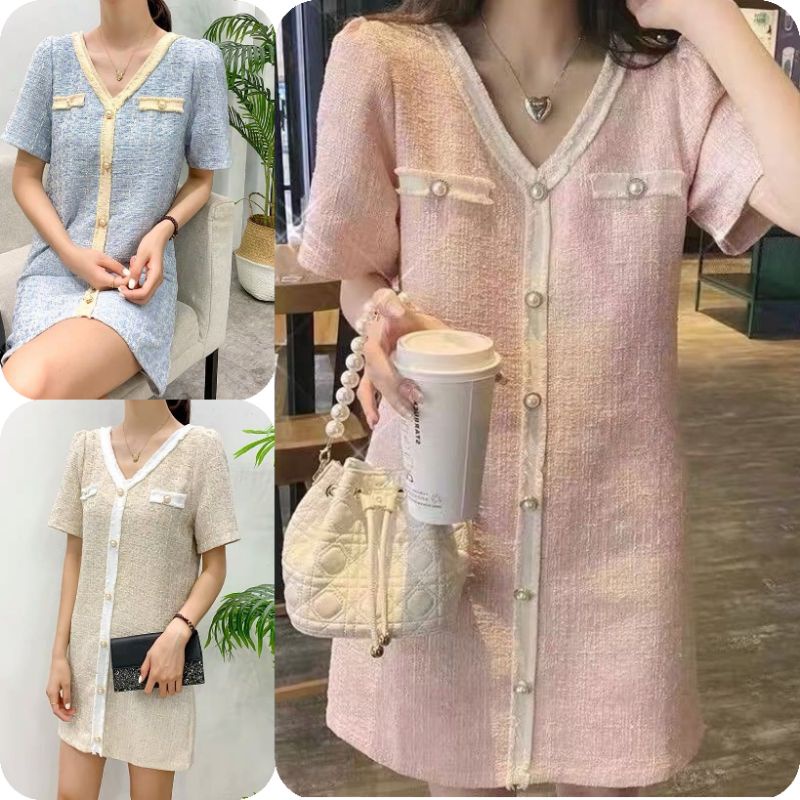 baao Korean Tweed Dress with working button | Shopee Philippines
