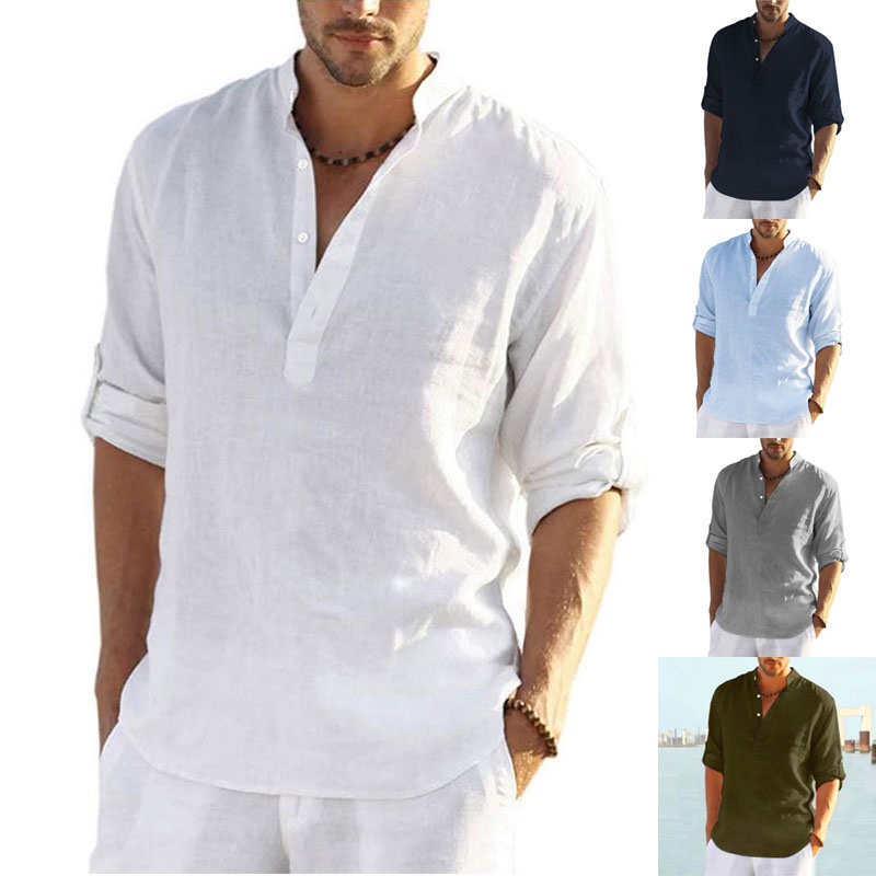 Men's Casual Loose Cotton Linen Long Sleeve Solid Color Shirt Half Button Stand Collar Plus Size ...