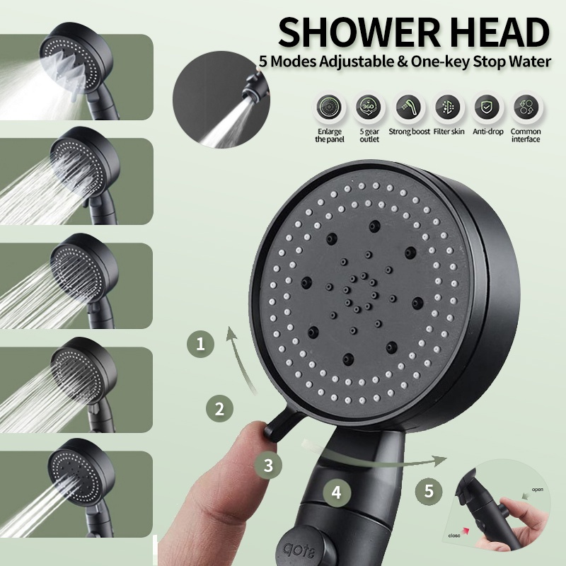High Pressure Shower Head 5 Mode Adjustable Booster Shower, One-key ...