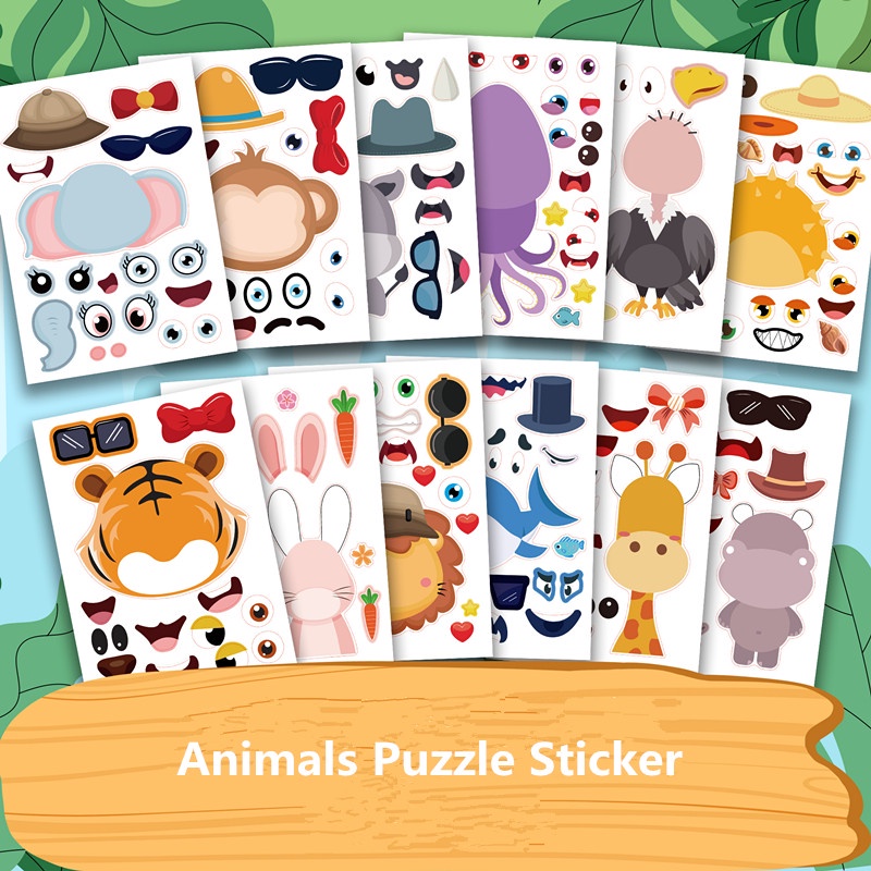 12pcs / Lot Jungle Animals Sticker Make Your Own Face DIY Puzzle ...