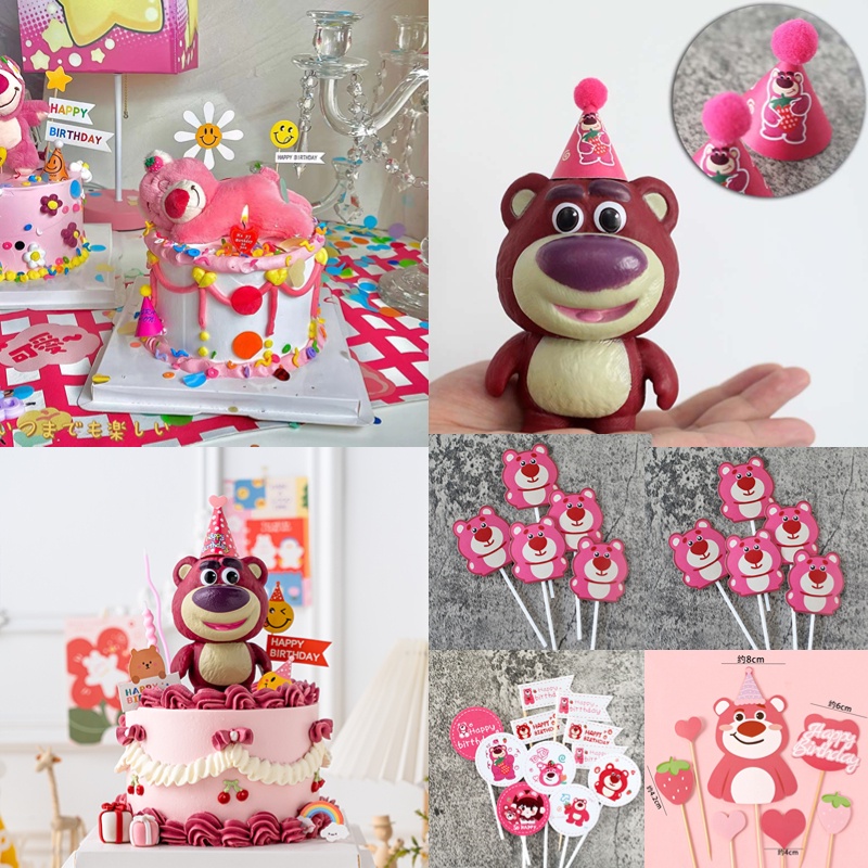 Korean ins strawberry bear cake decoration set cute birthday hat ...