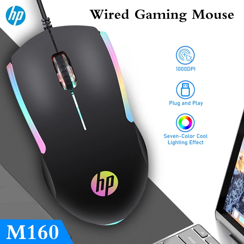 HP M160 Wired Mouse DPI 1000 LED Backlight 3D Ergonomik Gamer Mice for ...