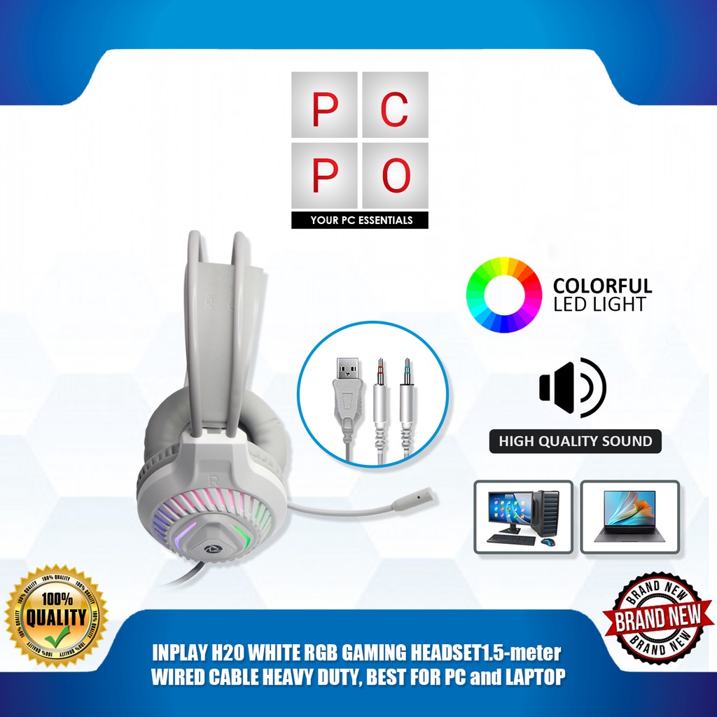 INPLAY H20 WHITE RGB GAMING HEADSET, 1.5-meter WIRED CABLE HEAVY DUTY ...