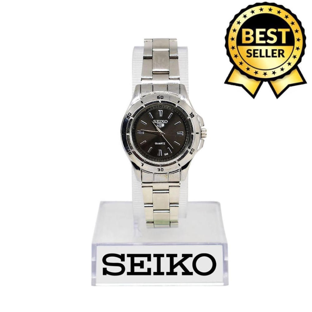 Seiko 5 Quartz Black Dial Stainless Steel Watch for Women(Silver ...