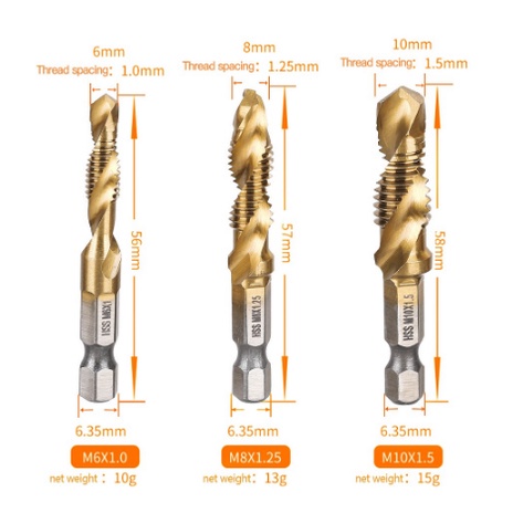 Ekez Set of 6 Taro drill bits M3-M10 HSS 4341 steel coated with ...