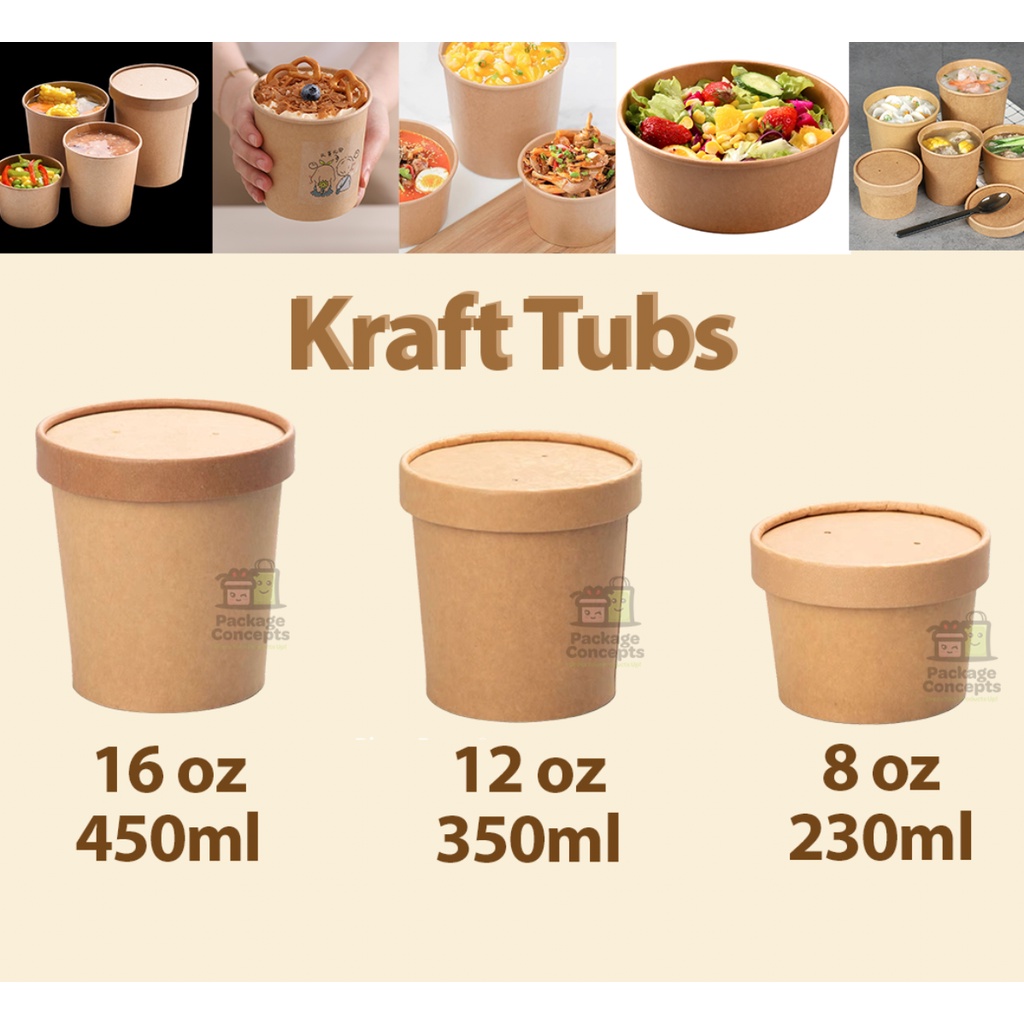 [10 PCS] Kraft Tub with Kraft Paper Lid 8oz 12oz 16oz Container for ...