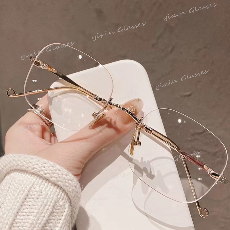 Korean Women Frameless Eyeglasses Frame Square transparent lens Anti Blue Light Glasses For ...