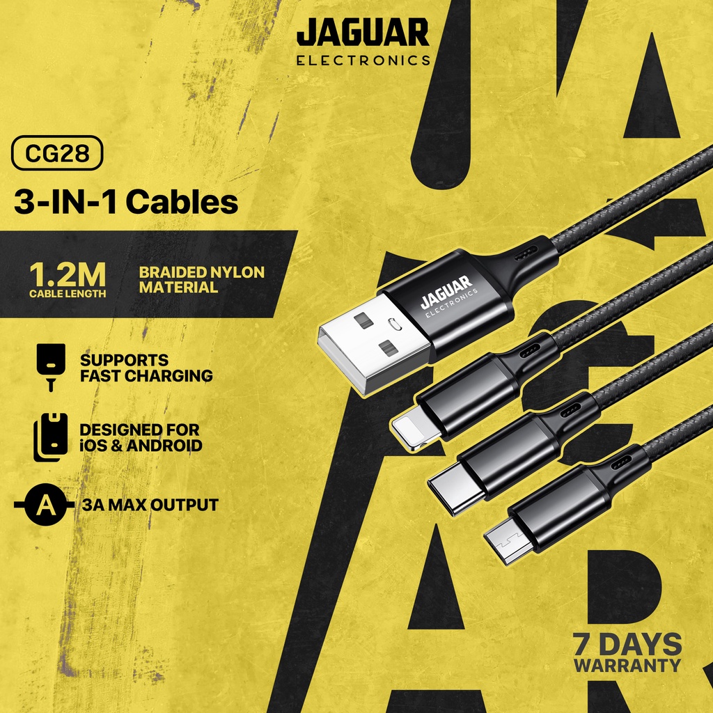 JAGUAR ELECTRONICS CG28 1.5A - 2.8A Fast Charging 3-in-1 Cable Braided ...