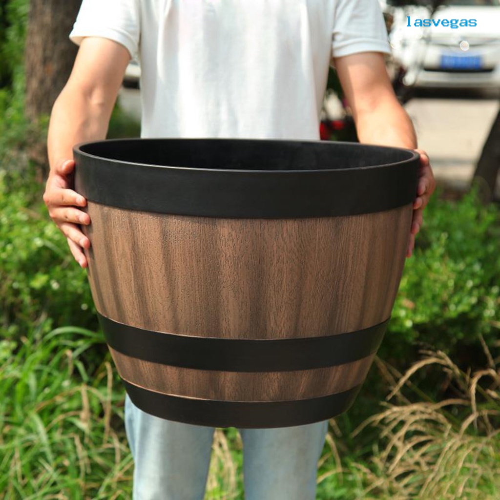 L-Plant Pot Faux Whiskey Barrel Shape Home Decor Plastic Indoor Outdoor ...
