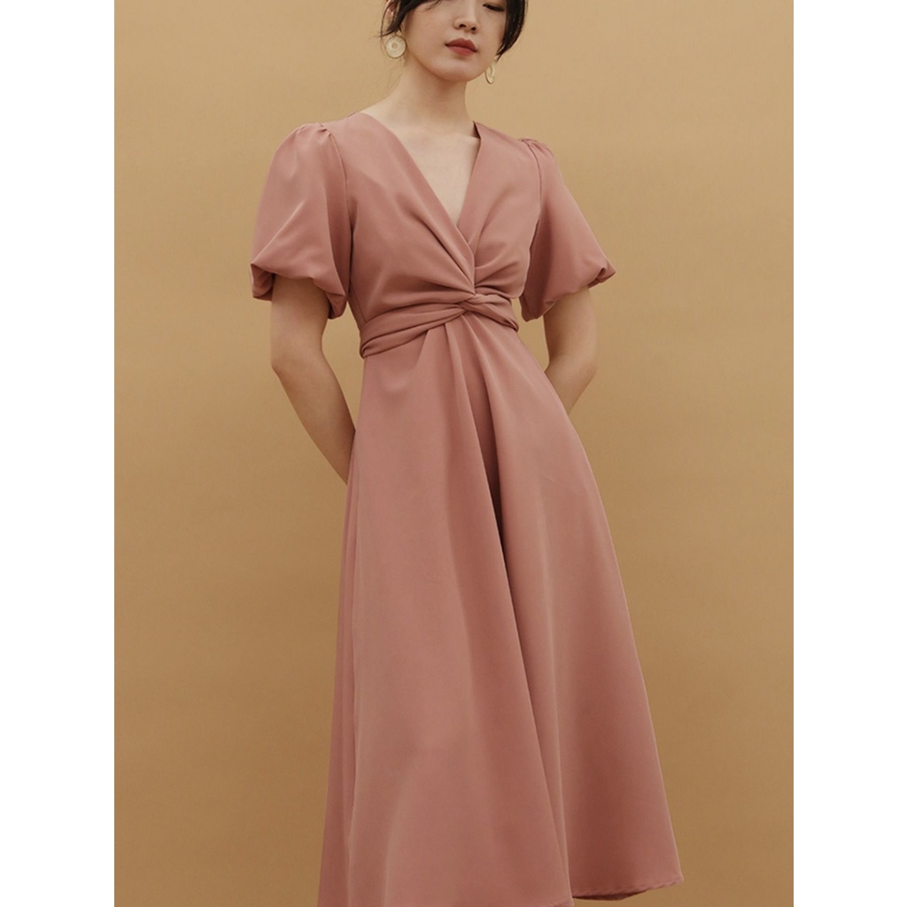 A3060 EZ Fashion Elastic Sleeve V-neck Twisted Bowknot Solid Dress ...