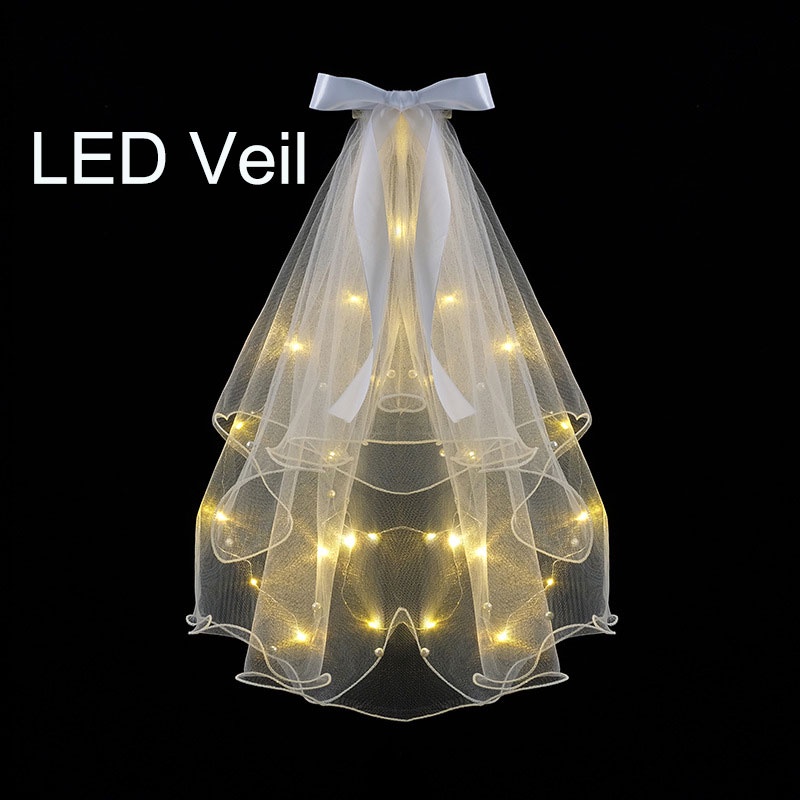 Flashing Pearl Short Tulle Wedding Veils Two Layer With Comb Led White ...