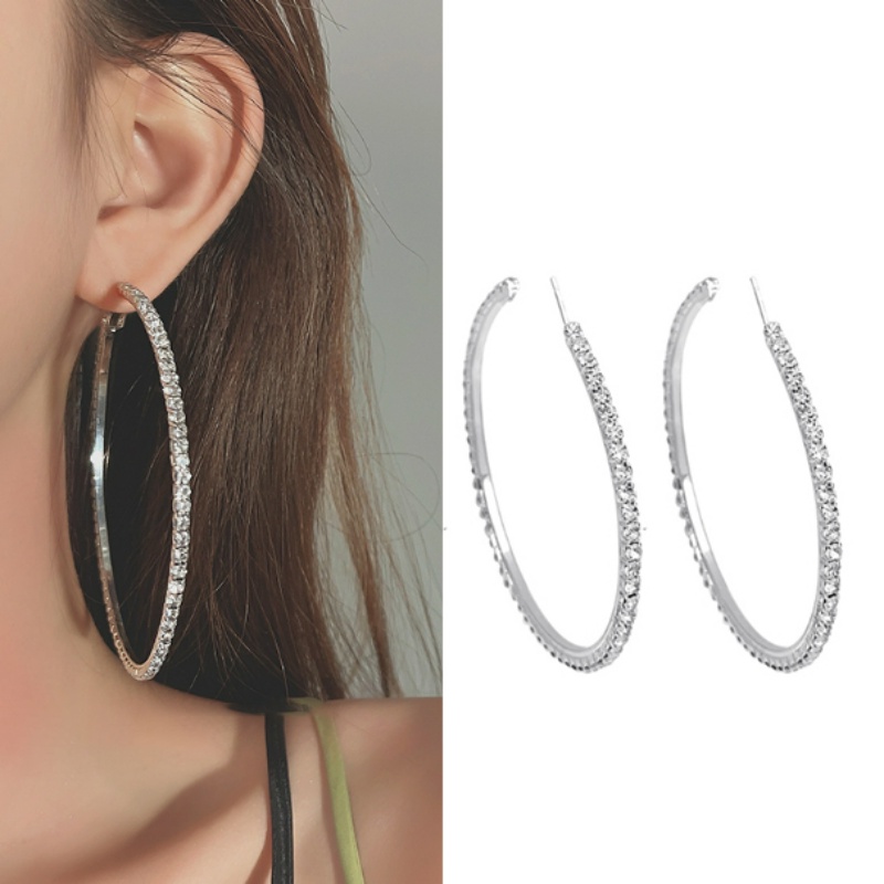 7CM Silver Exaggerated hoop Earrings Fashion Shiny Rhinestones loop ...