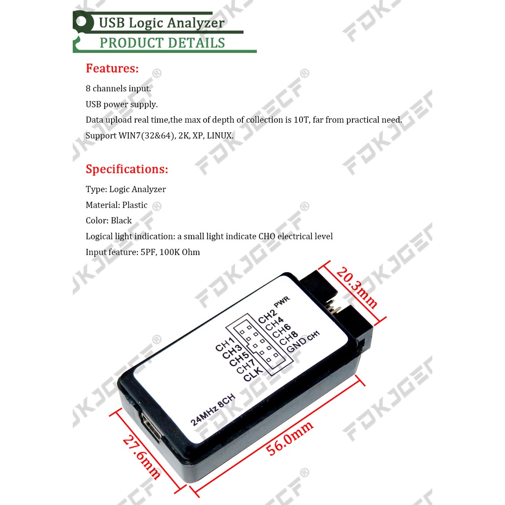 USB Logic Analyzer 24MHz 8 Channel 24M/seconds Logic Analyzer Debugger ...