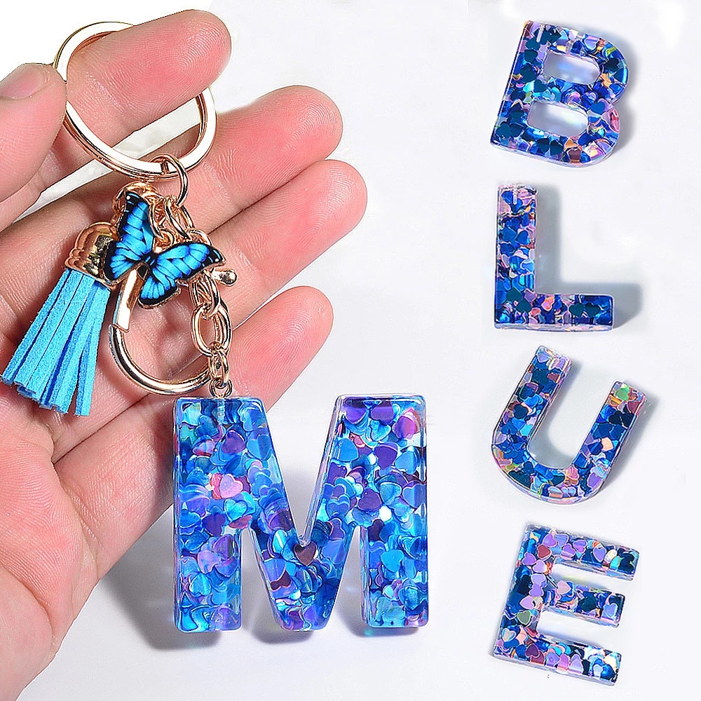 Fashion Heart Sequin Filled Resin Letter Keychain With Tassel Women ...