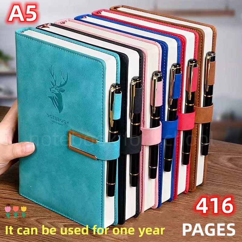 A5 Leather notebook with pen 416 Pages paper notepad big Thick cute ...