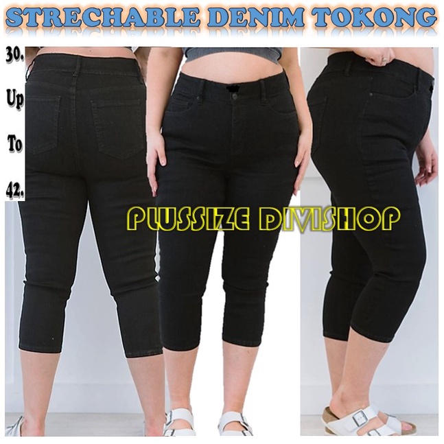 Plussize Highwaist August Tokong Denim Maong Strechable Black Capri Pedal Pants Big size (30-40 ...