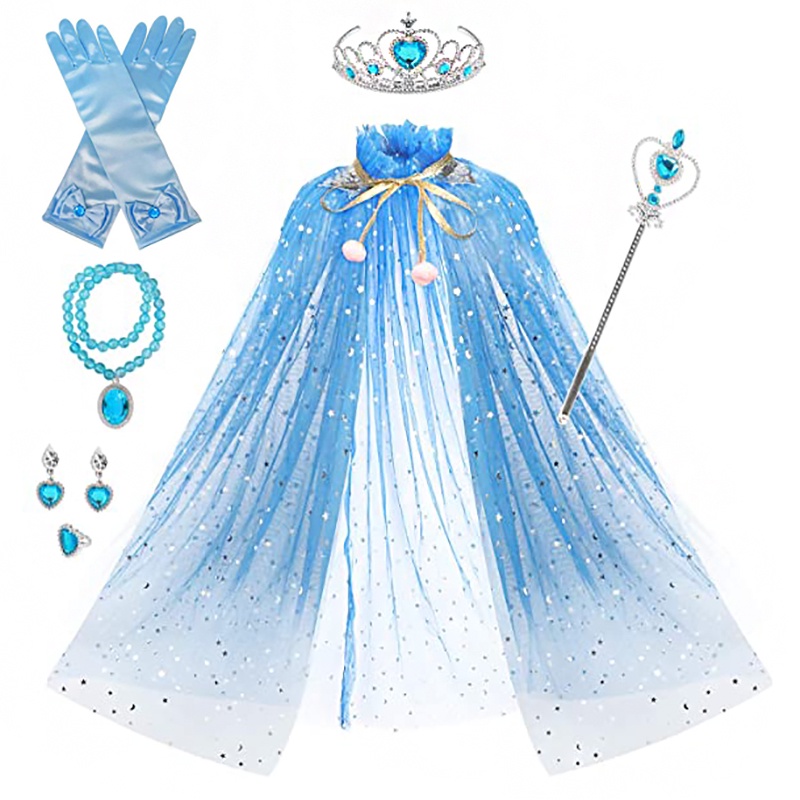 Princess Cape Set 7 Pieces Girls Princess Cloak with Tiara Crown Wand ...