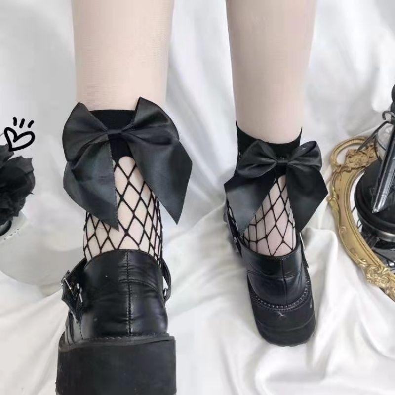 Lolita Gothic Round Toe Women Fishnet Sock Lace Bow Sock Kawaii ...