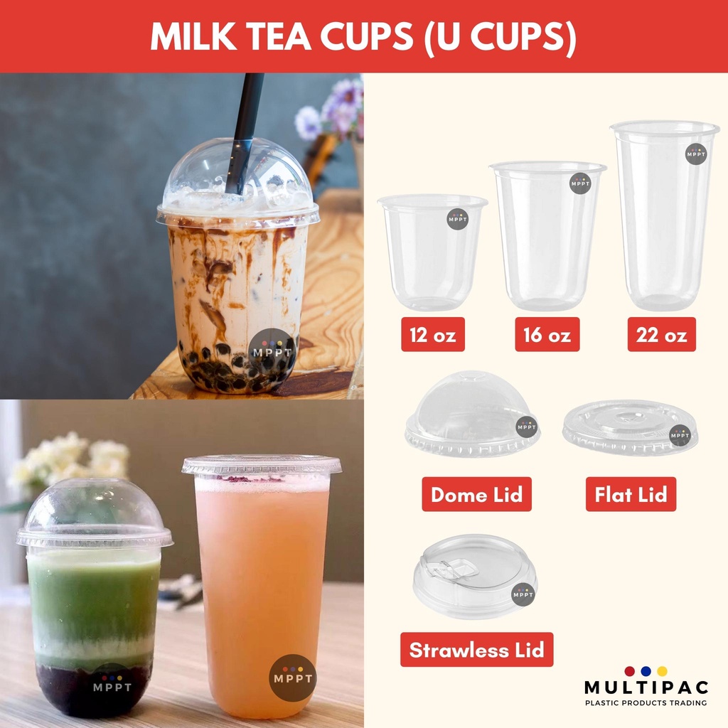 [100 PCS] - U Cups/Milk Tea Cups, Clear Lids (12 oz, 16 oz, 22 oz, Dome ...