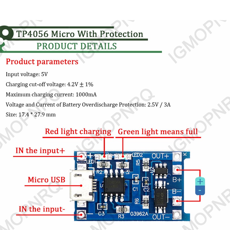 Micro USB 5V 1A 18650 TP4056 Lithium Battery Charger Module Charging ...