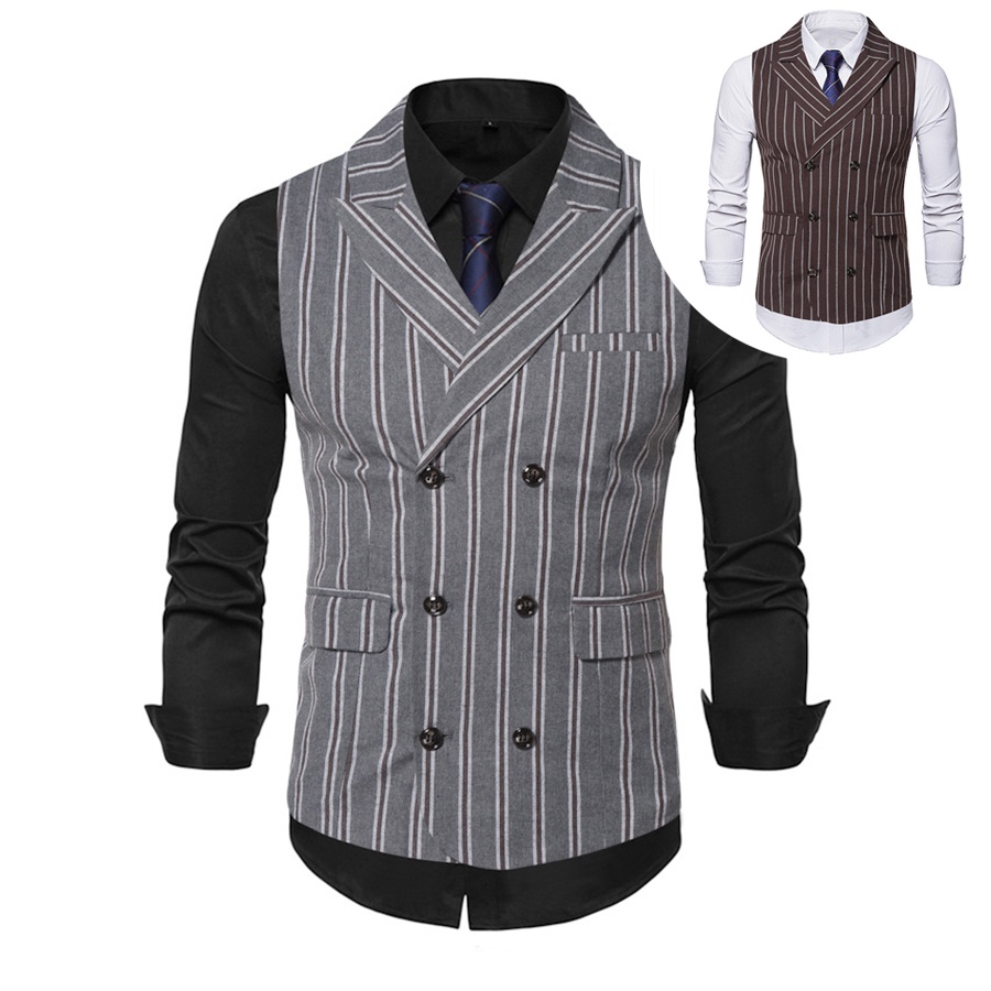 Striped Suit Vest Men's Business Casual Mature Gun Barge Collar Double ...