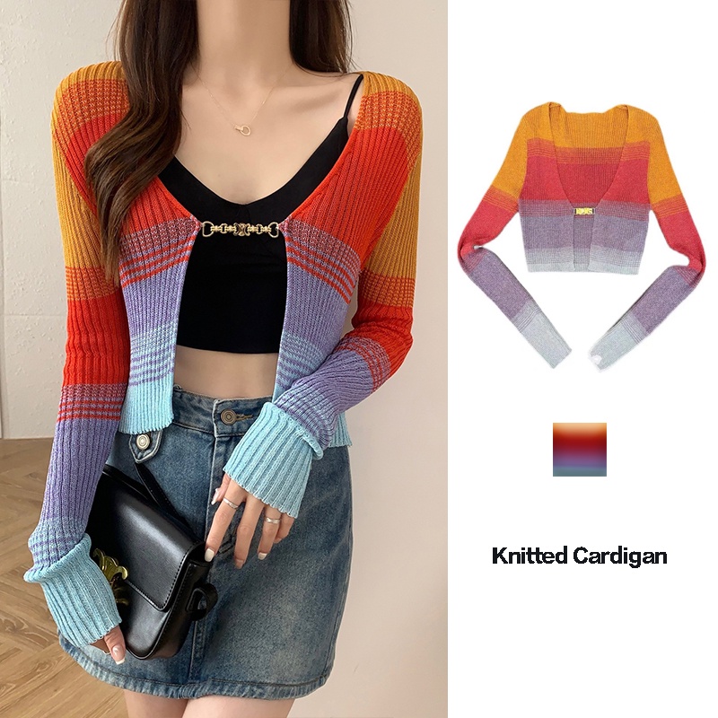 【Ready stock】Women's V-neck Knitted Top Gradient Color Low-cut Sexy ...