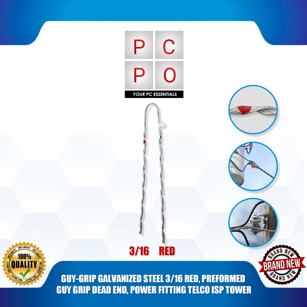 GUY-GRIP GALVANIZED STEEL 3/16 RED, PREFORMED GUY GRIP DEAD END, POWER ...