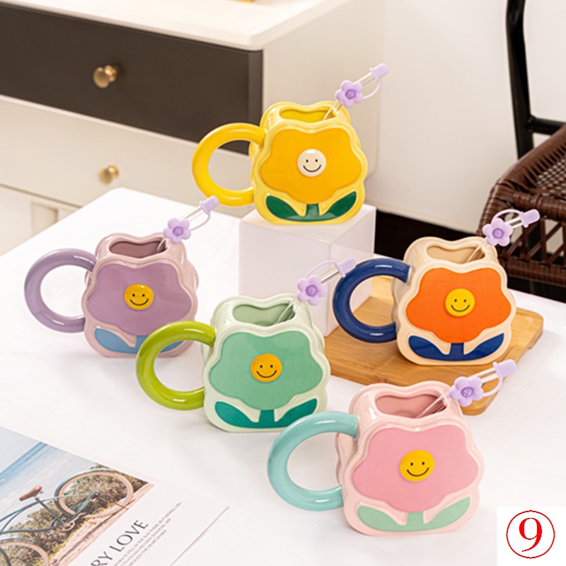 Flower Straw Water Cup Coffee Mug Girl Cute Ceramic High-Value Heart ...