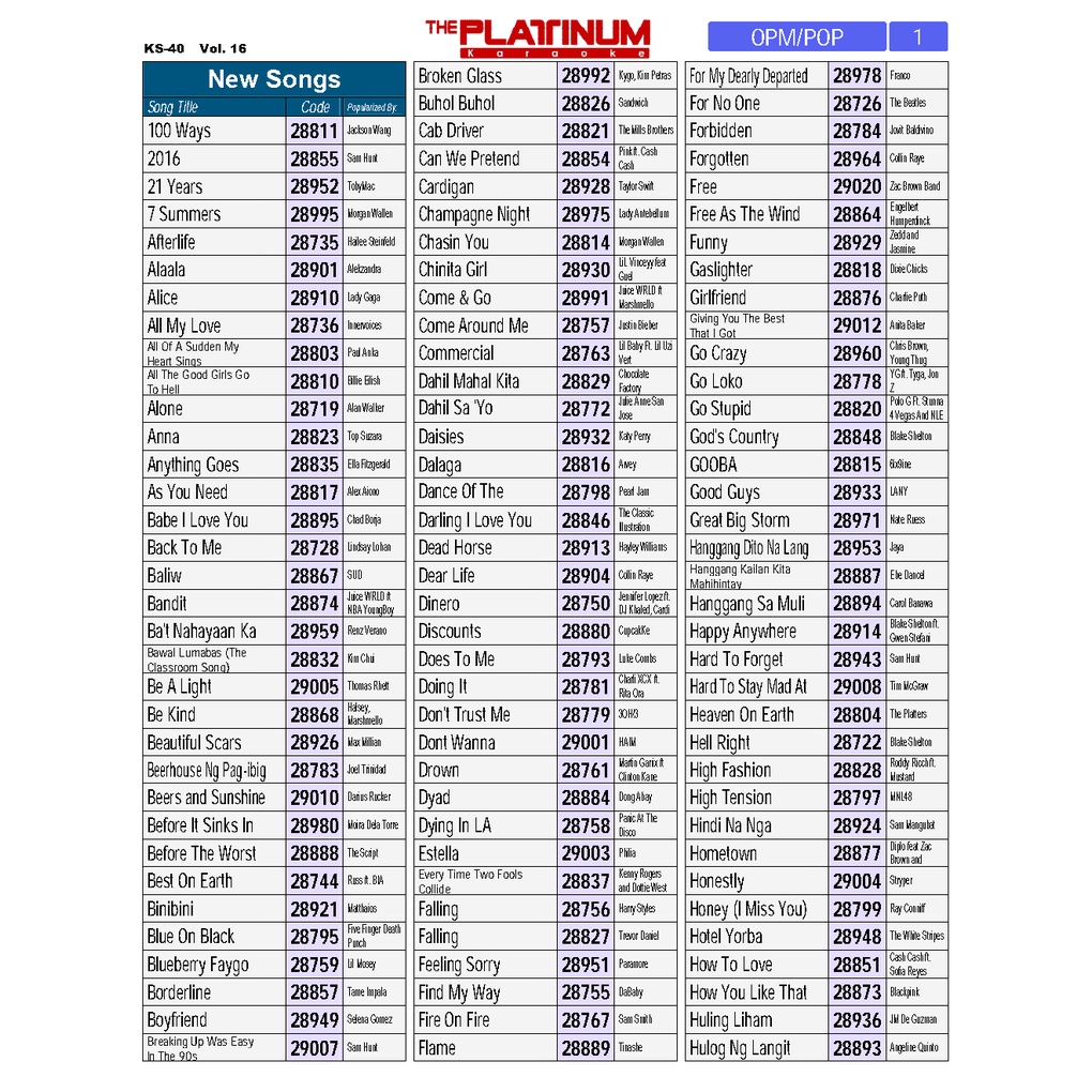 Volume 16, 17, 18, 19, 20, 21 Song Lists of Platinum K-box 2 KS-40 (26 Pages) | Shopee Philippines