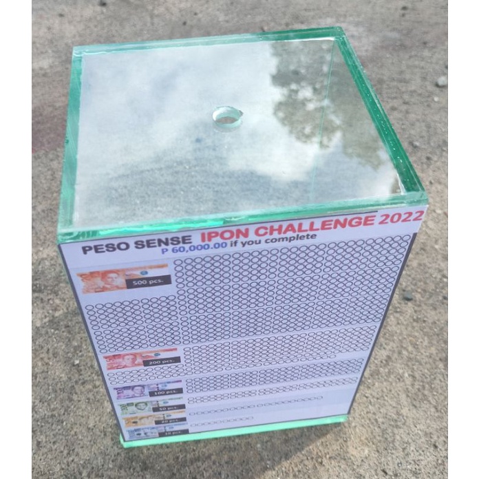 glass alkansya peso sense ipon challenge 2024( round hole )4wx5Lx7H ...