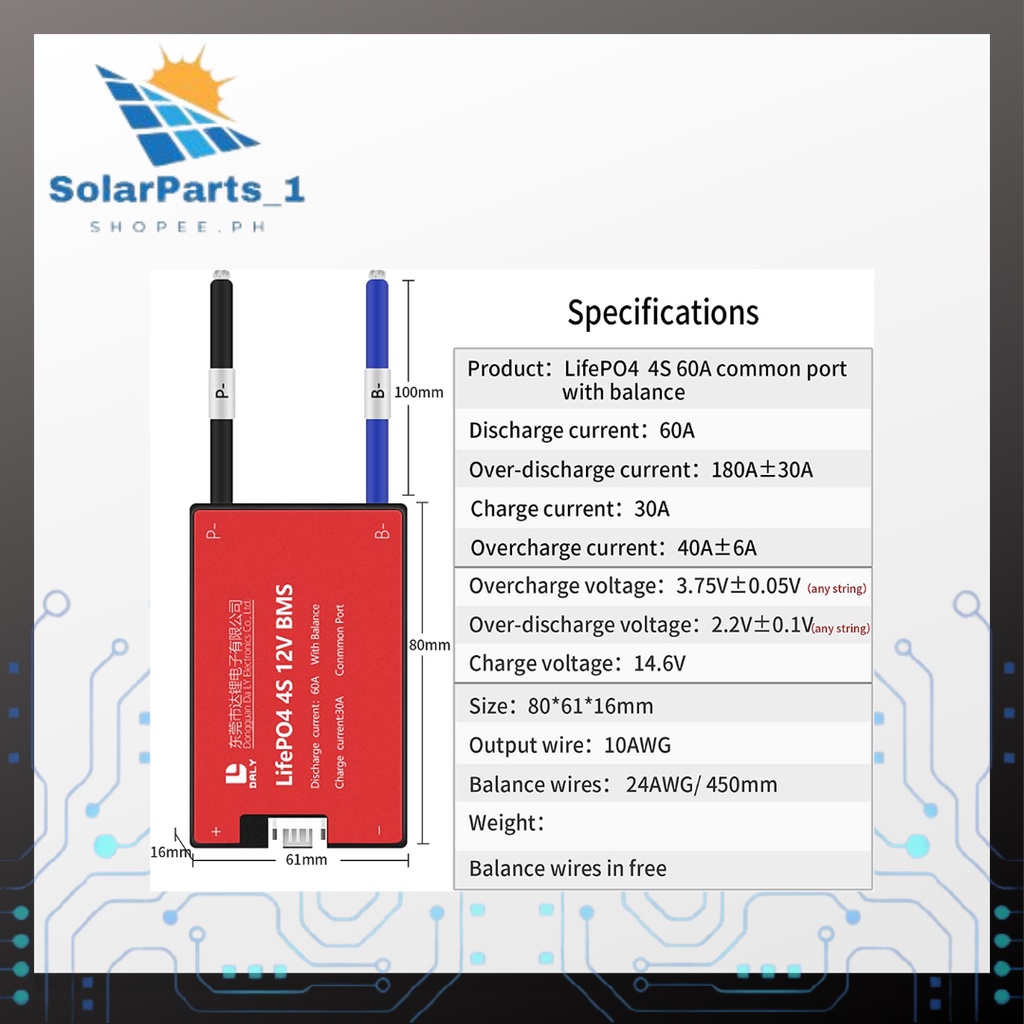 DALY BMS Lifepo4 4S 12V 10A/15A/20A/30A/40A/50A compatible w/ 32650 solar. | Shopee Philippines