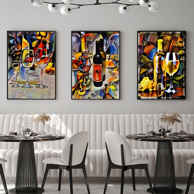 Wine Bottles Glasses Food Still Life Painting Canvas Poster Cubism ...