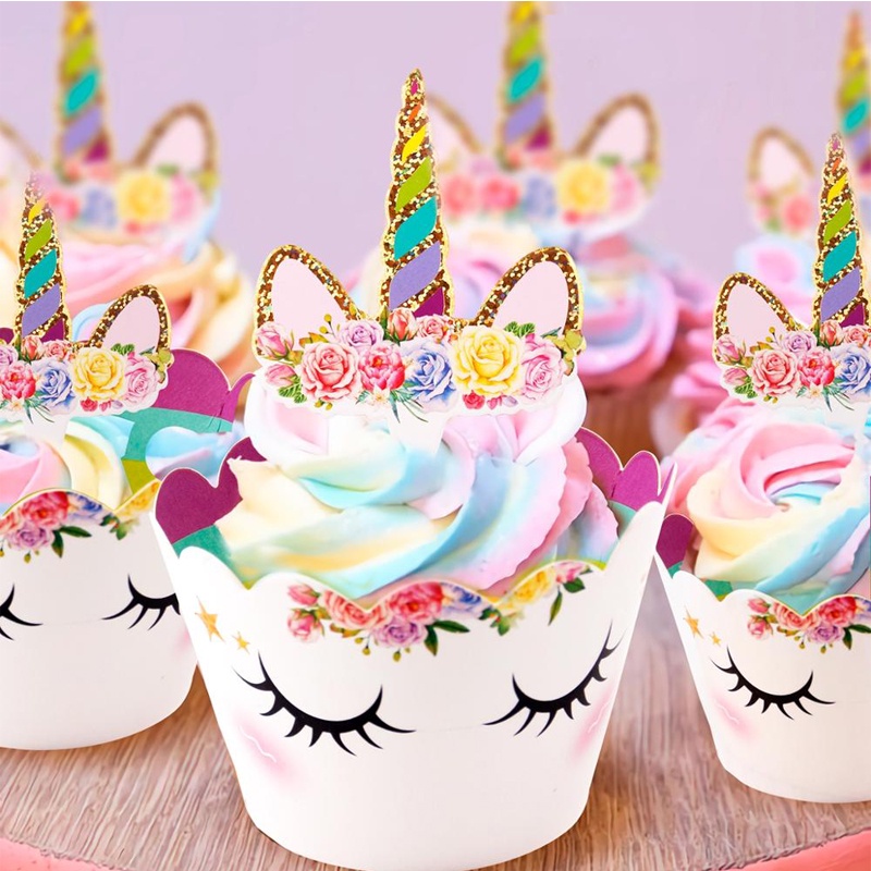Set Of 24 Pcs Unicorn Cupcake Topper And Wrapper Cake Decoration