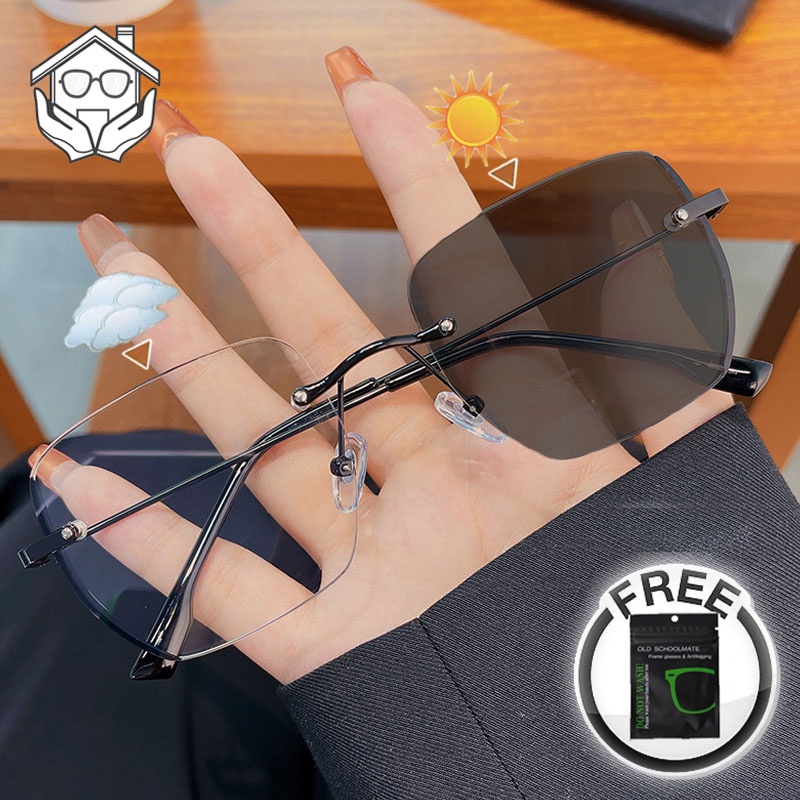 Rimless Photochromic Eyeglasses Anti Radiation For Women Men Frameless ...