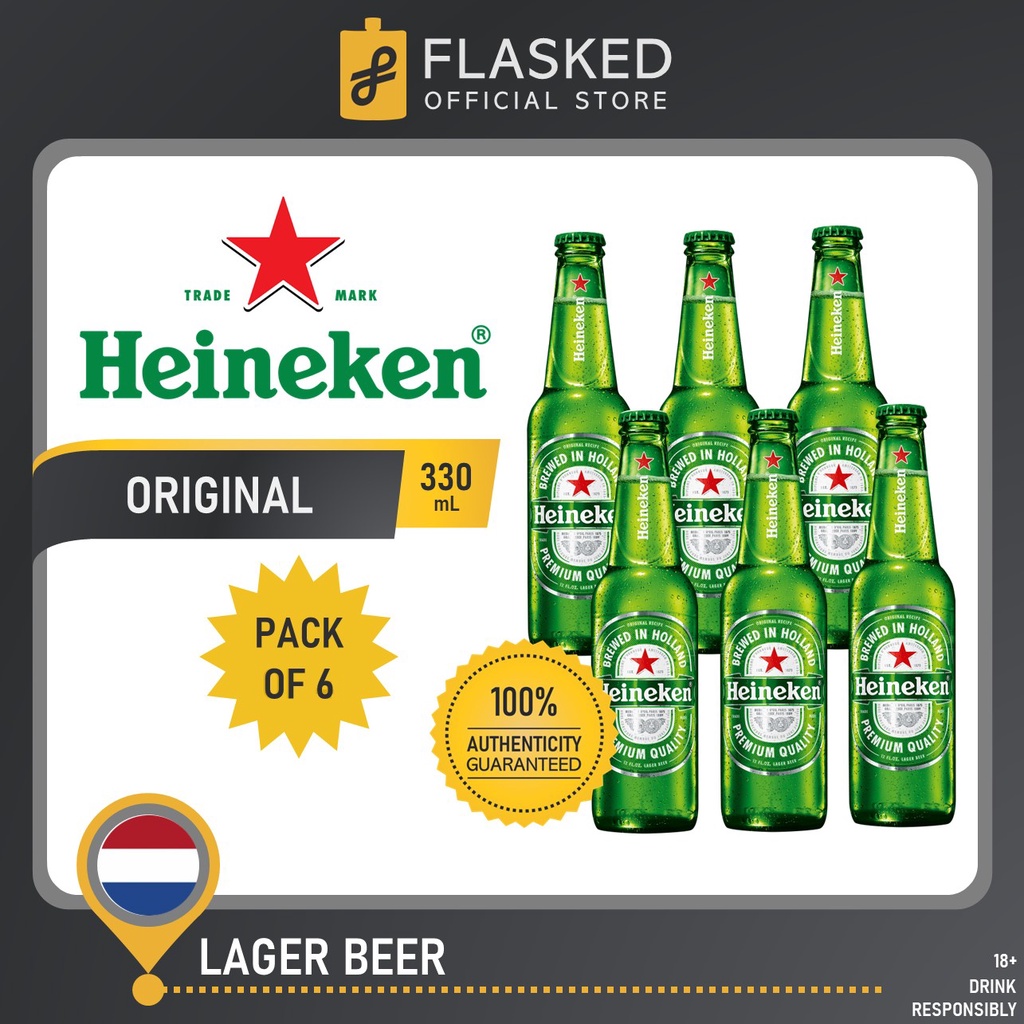 Heineken Original Pure Malt Lager Beer Bottle 330mL 6 Pack | Shopee ...