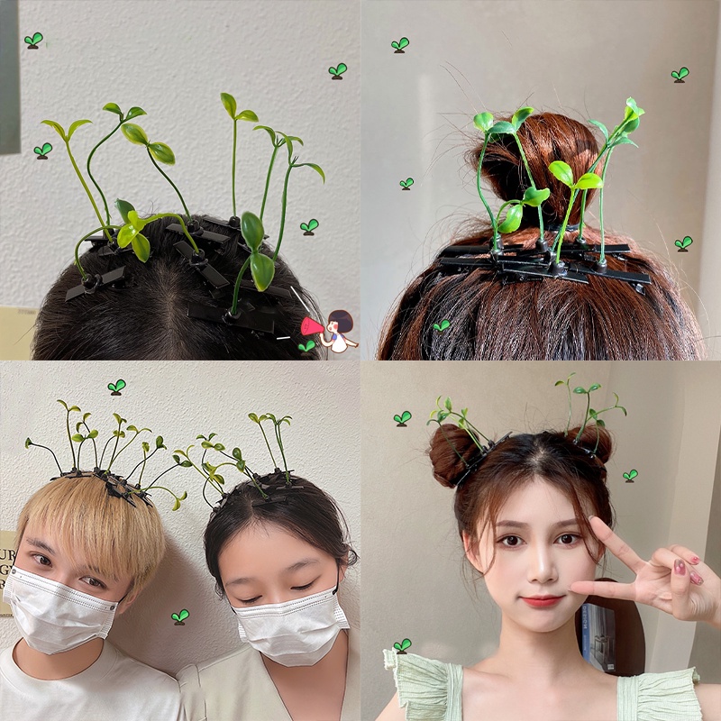 Funny hair clip green small bean sprouts hair clamp head long grass ...