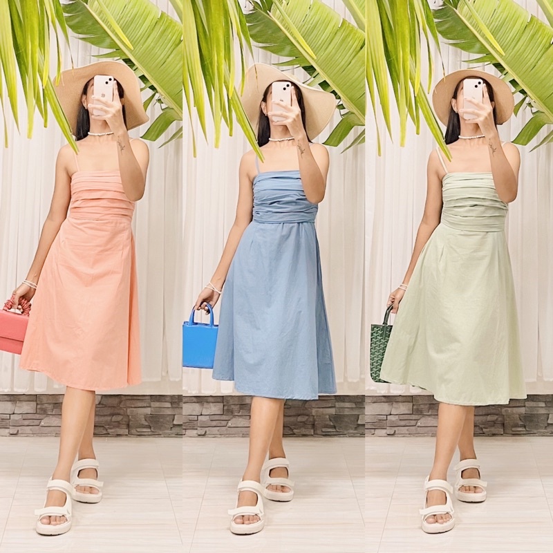 JUST STYLE Plain Linen Sleeveless String Ruched Folded Flowy Midi Dress ...