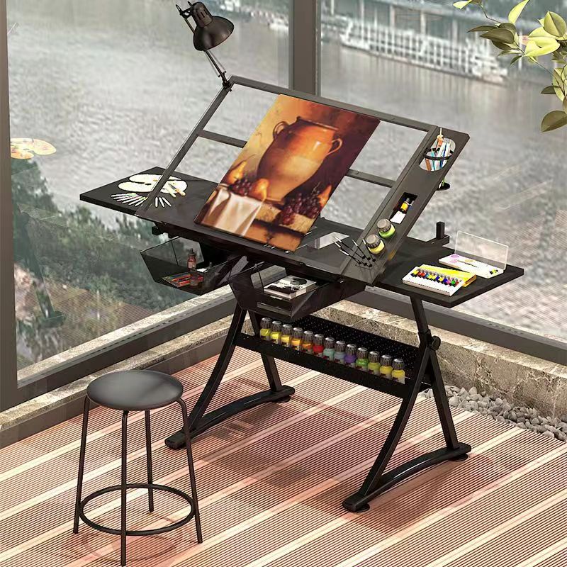 Drafting Glass Table With Extra Side Table Drawers And Leather Padded ...