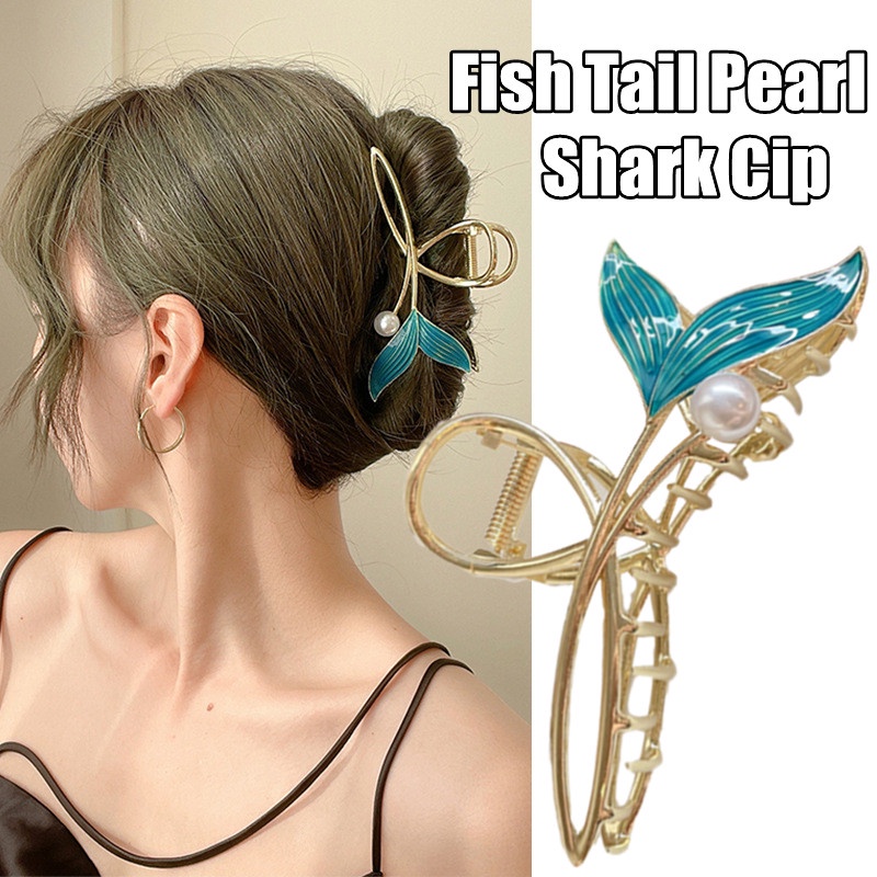 Blue Fishtail Pearl Shark Clips Girl Gentle Temperament Large Size Back ...