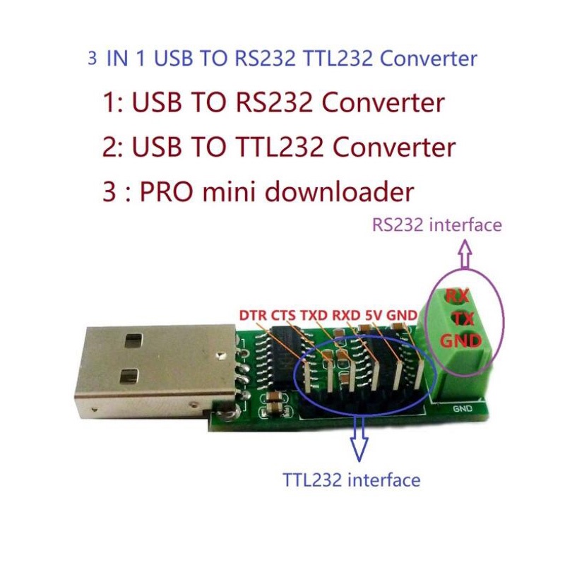 3in1 USB TO Serial port RS232 / TTL TTL232 / Pro mini downloader cable ...
