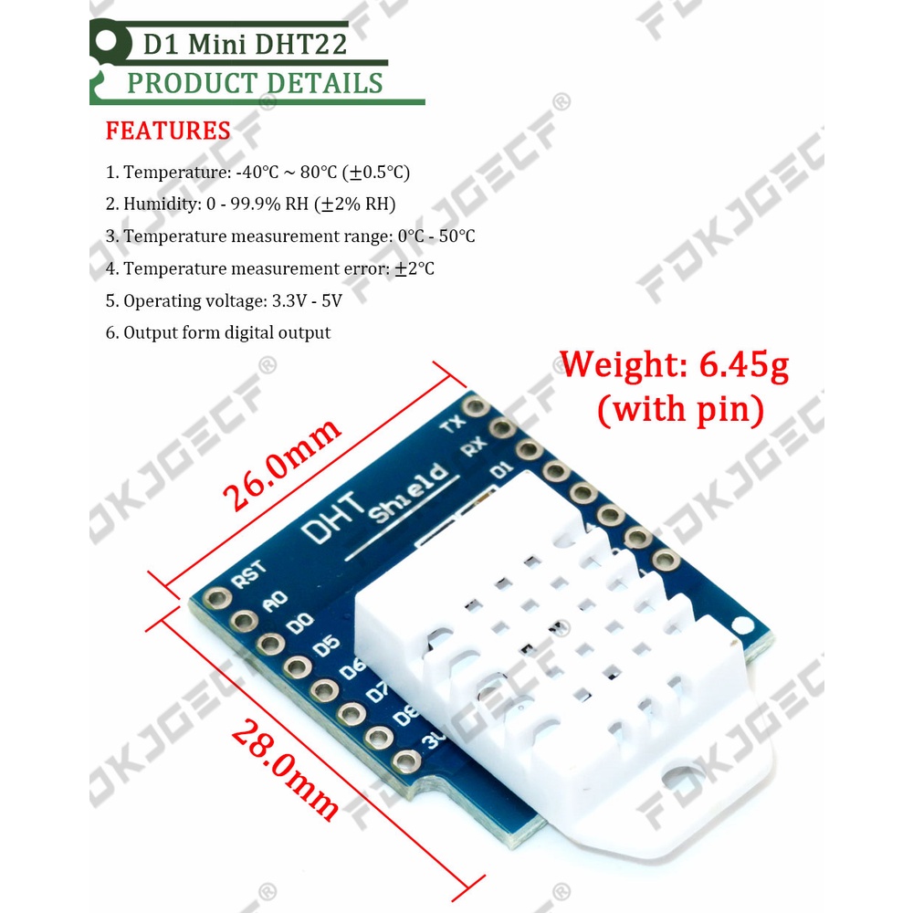 DHT22 Pro Shield for WEMOS D1 mini DHT22 Single-bus digital temperature and humidity sensor ...