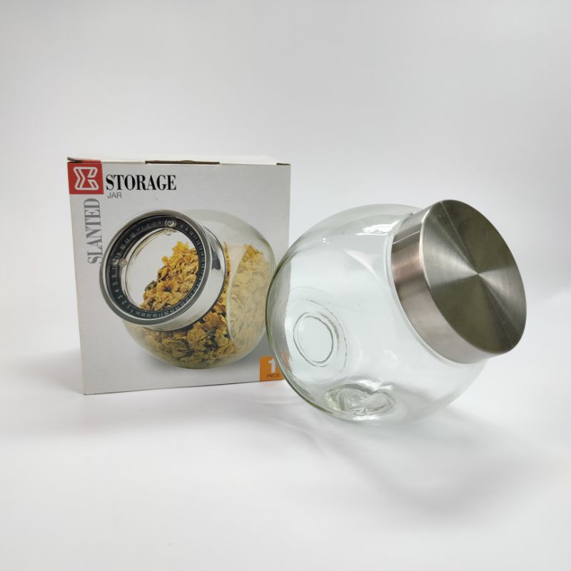 1.7L slanted thick glass jar food canister with stainless lid airtight ...