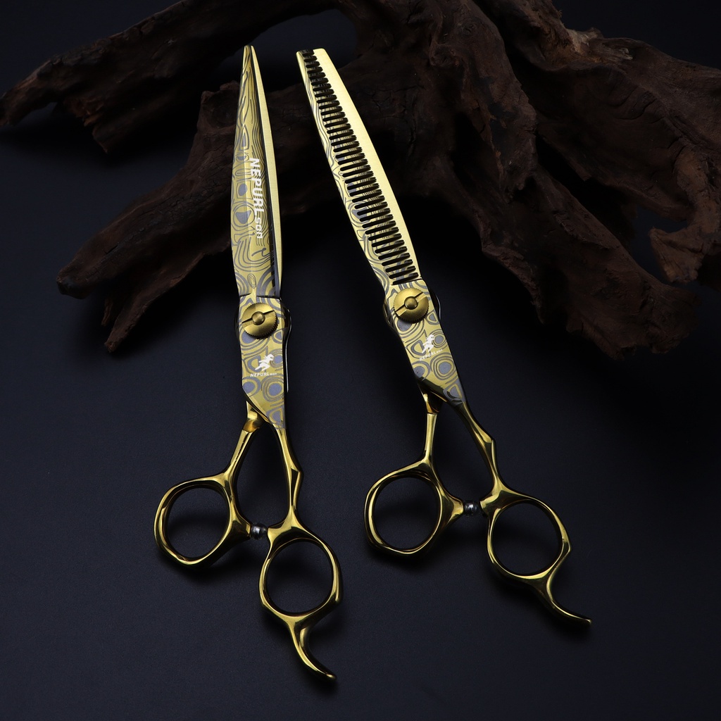 Spot Barber HairCut Scissors Gold/Black Steel Damascus Haircut Scissors ...