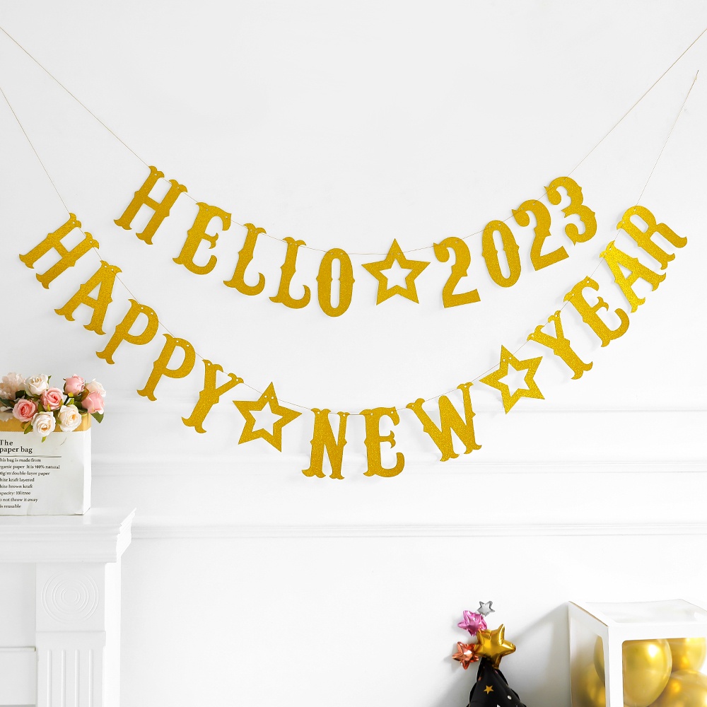 HELLO 2023 Golden Banner Glitter Wine Cup Flag New Year Party ...