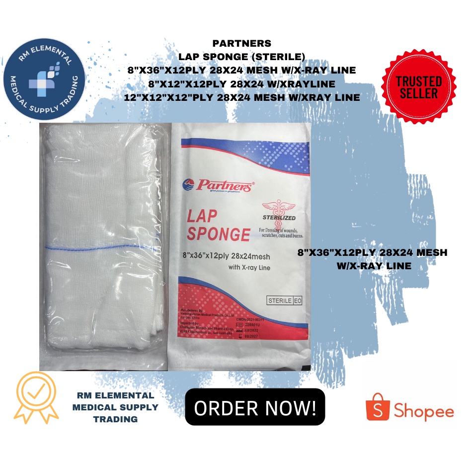PARTNERS LAP SPONGE (STERILE) 8X36X12PLY, 8X12X12PLY, 12X12x12 with ...