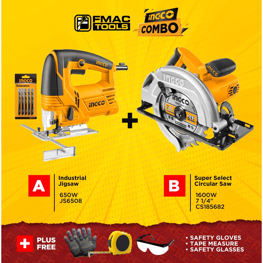 INGCO COMBO Circular Saw 1600W 7 1/4" + Jigsaw 650W + FREEBIES FMAC ...