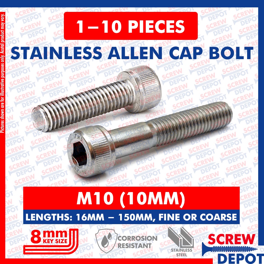 1PC M10 X 1.25 / 1.50 ( 10MM NF / NC ) SS Allen Cap / Socket Head ...