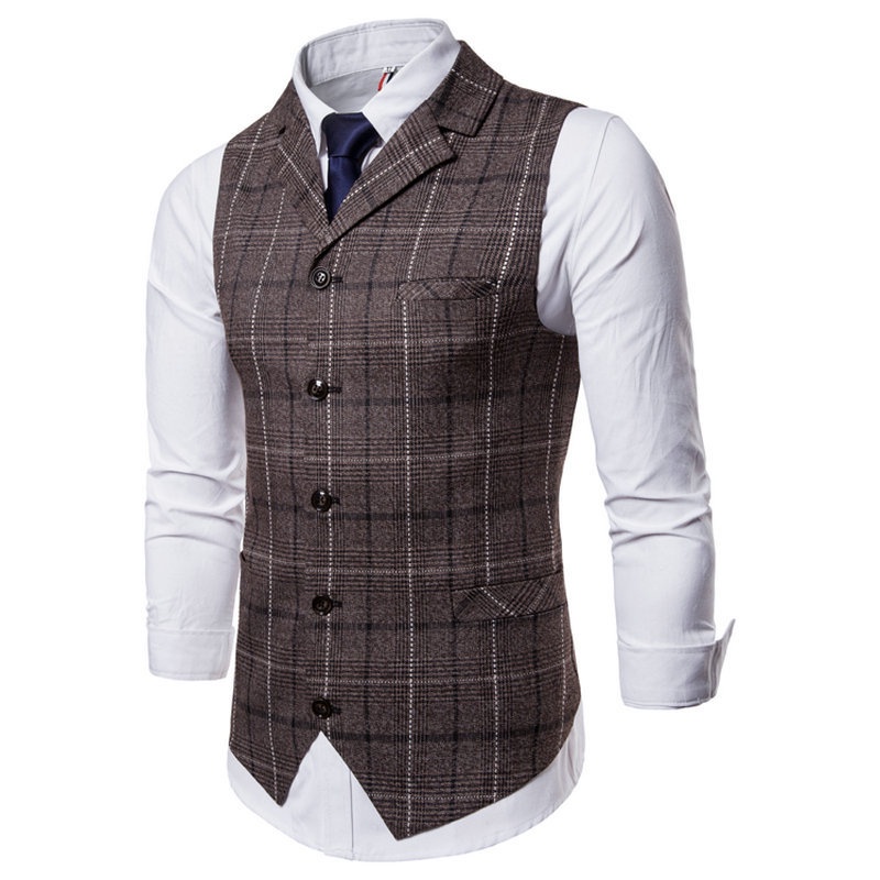 British Slim Men's Retro Suit Lapel Plaid Vest Single Breasted Vest ...