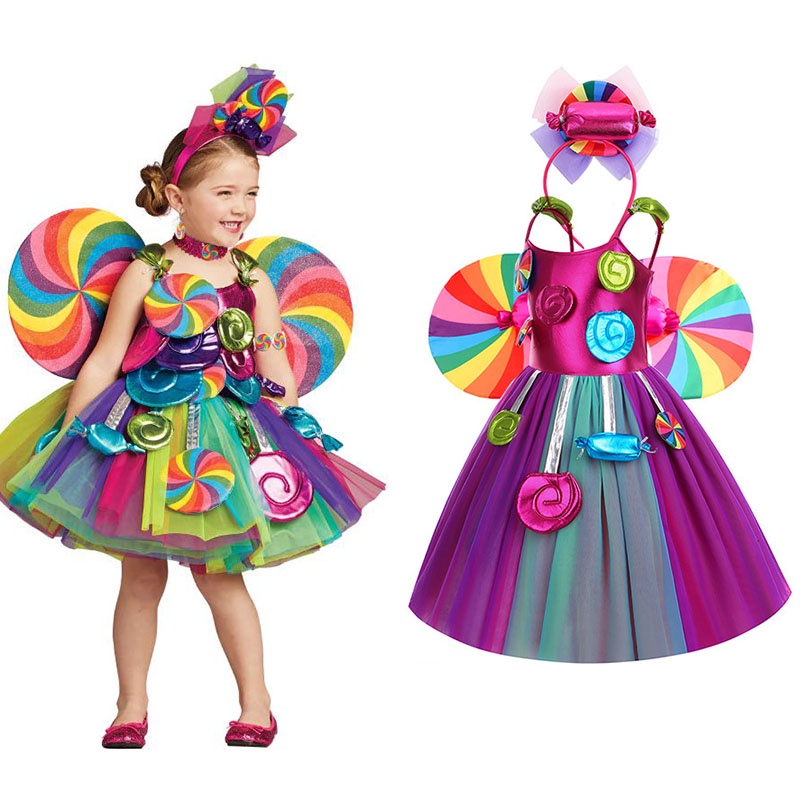 LZH Sweet Candy Girls Costumes Kids Carnival Frock Birthday Rainbow ...